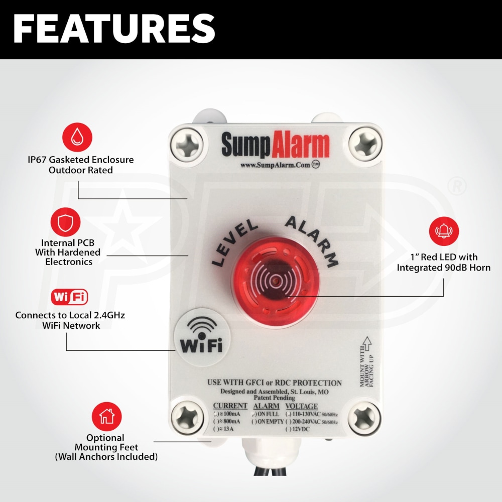 Sump Alarm SA-120V-2L-16F-WIFI - Indoor / Outdoor Sump Pump High / Low ...